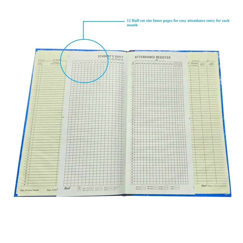 Monaf 50 Students Attendance Register with inner 12 half cut size pages ...